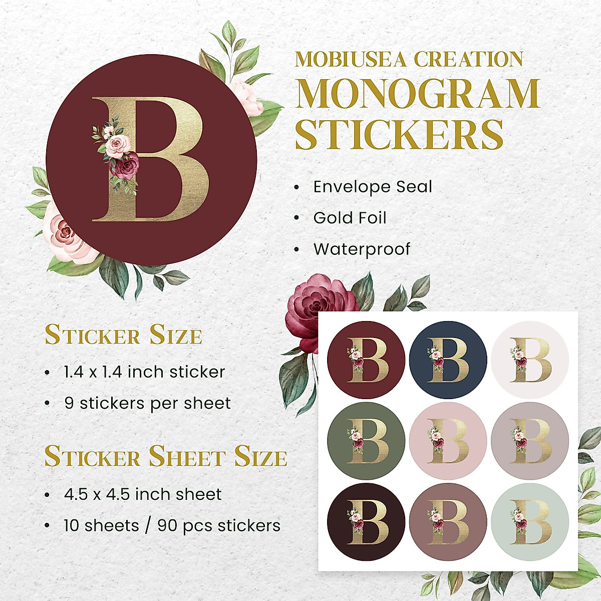 Mobiusea Creation Monogram Stickers| Gold Foil | Initial Envelope Seals Letter B | 9 Chic Color Assortments | Wedding Monogram Stickers| 1.4 Inch | 90pcs Floral Envelop Stickers Seals
