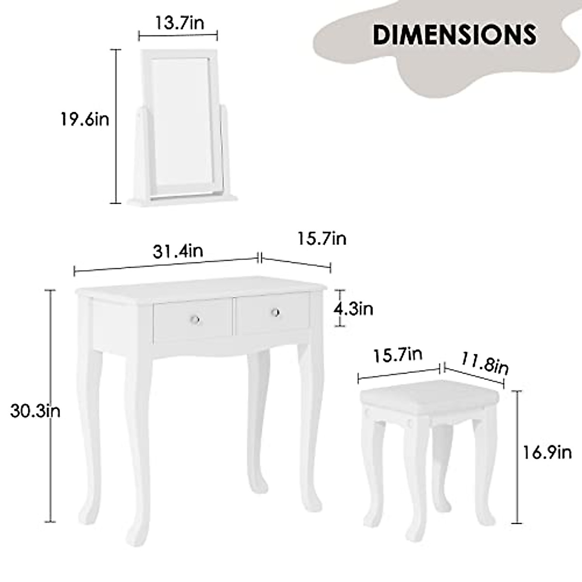 soges Makeup Vanity Table Set, 2-Drawer Dresser Desk, 360° Rotation Mirror, Cushioned Stool, Bedroom Dressing Table Set, White