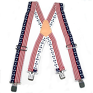 American Flag Pattern X-back Suspenders Mens Suspenders 2" Wide Adjustable and Elastic Braces X Shape with Very Strong Clips - Heavy Duty (New USA)