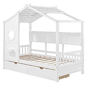 Demofit House Bed with 2 Drawers, Wooden Bed Frame with Storage Shelf and Roof for Bedroom,No Boxspring Required (Twin, White)