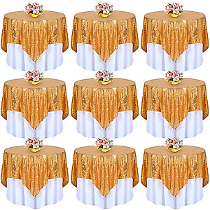 Moukeren 10 Pcs 50''x50'' Square Sequin Tablecloth Glitter Tablecloth Overlays Sequin Table Cover for Bridal Shower, Wedding Birthday, Wedding, Dessert, Banquet Decorations (Gold)