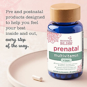 Mommy's Bliss Prenatal Multivitamin with Iron and Folic Acid: Supports Baby Development & Mom Immunity & Energy Levels* with Iron, Zinc, B Vitamins,Probiotics, Vegan, Gluten Free (45 Serving)Pack of 1