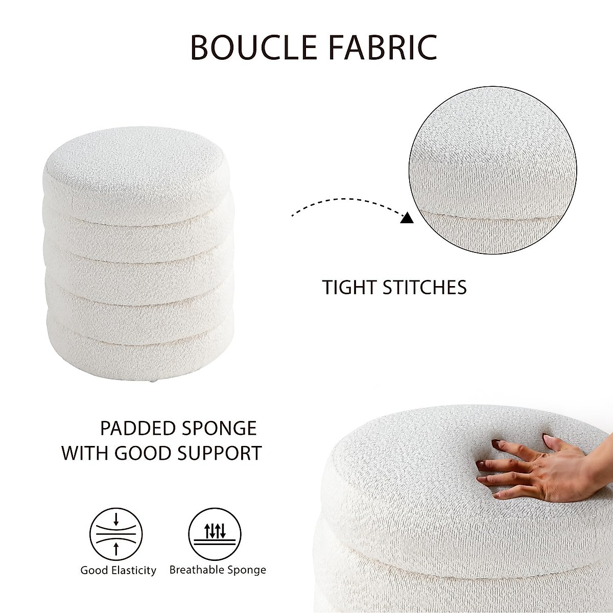 Modern Round Ottoman with Soft Padded Seat, Storage Vanity Chairs for Makeup, Upholstered Footrest Stool Ottoman Foot Stool for Living Room, Bedroom