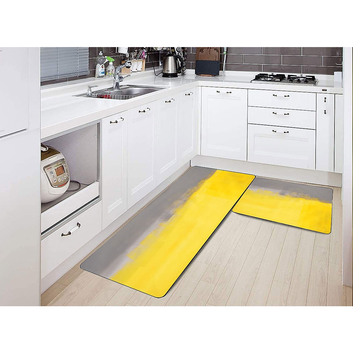 Jesmacti Kitchen Rugs and Mats Washable Yellow and Grey Abstract Art Printing Non-Skid Kitchen Floor Mats 17"x48"+17"x24" Sets 2 Piece Kitchen Rugs for Floor Front of Bed,Laundry Room,Hallway