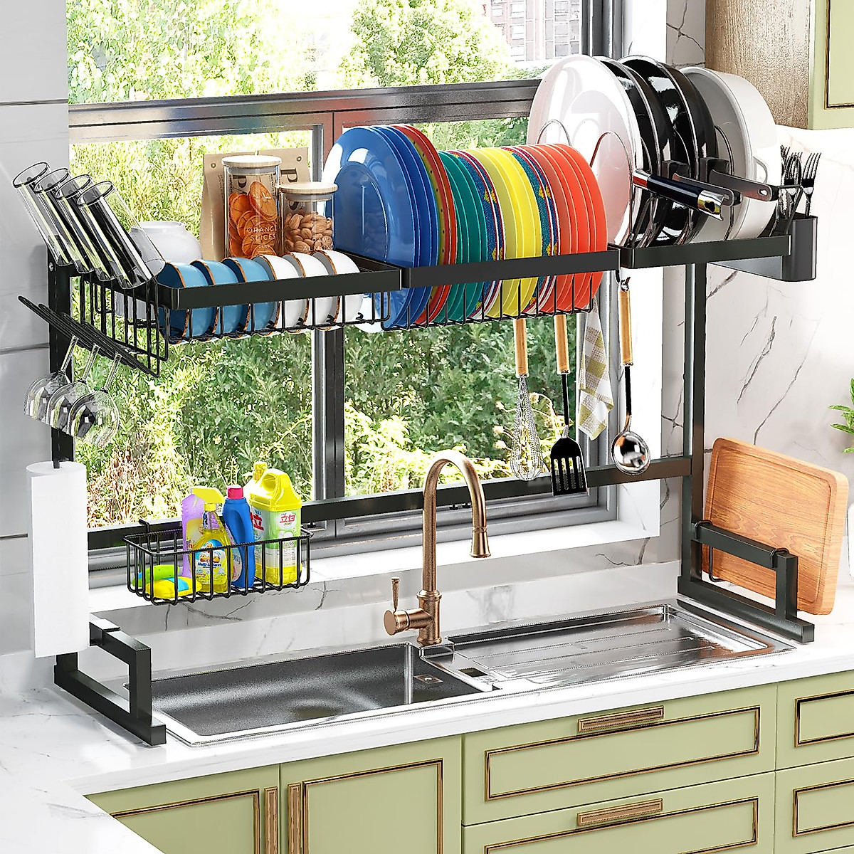 ADBIU Over The Sink (24"- 32.5" L) Dish Drying Rack (Expandable Dimension) Snap-On Design 2 Tier Kitchen Large Dish Drainer Counter Storage Organizer