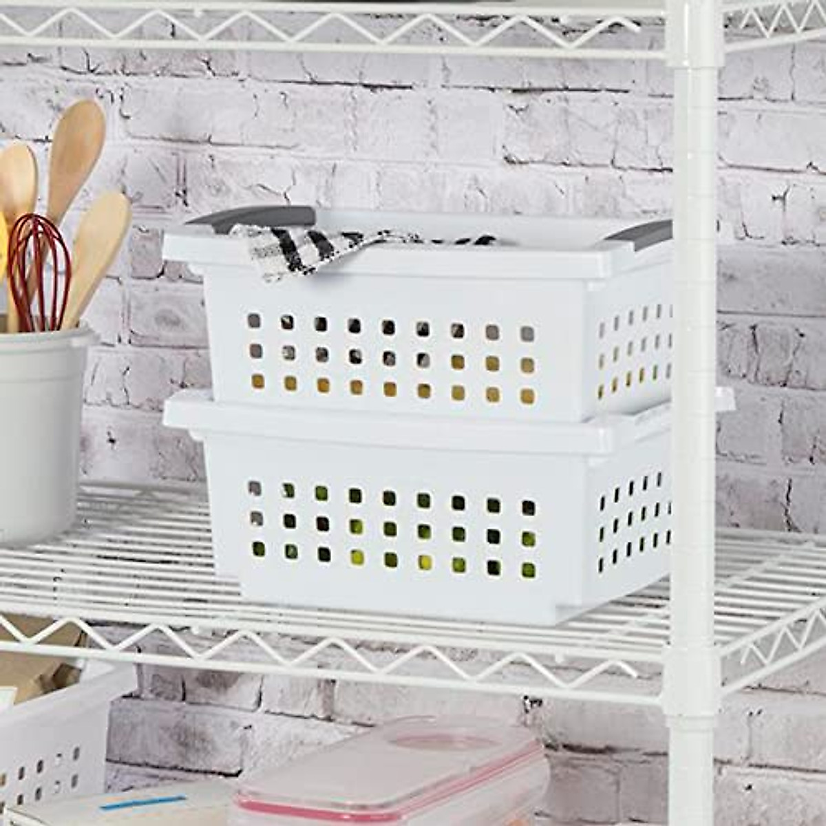 Sterilite Small Plastic Stacking Storage Basket Container Totes w/Comfort Grip Handles and Flip Down Rails for Household Organization, White, 8 Pack