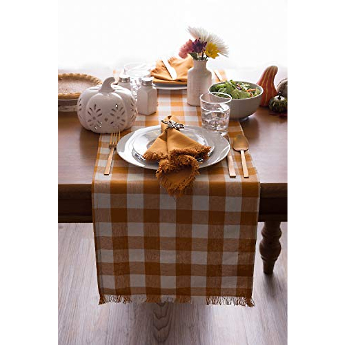 DII Heavyweight Fringed Check Tabletop Collection, Table Runner, 14x72, Pumpkin Spice