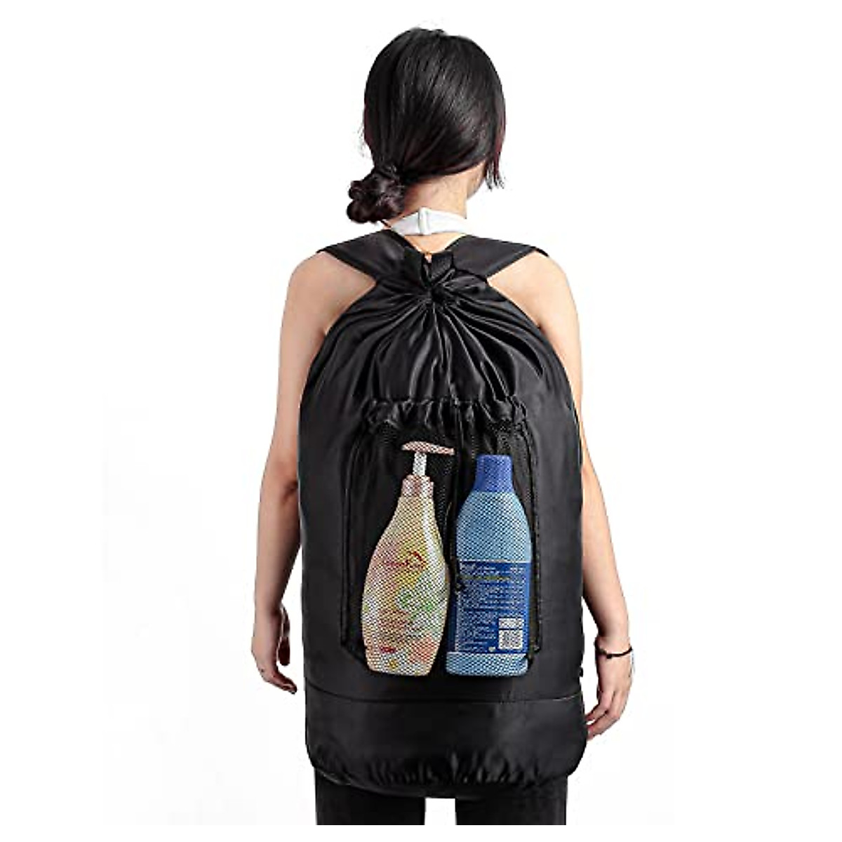 GORISEN Laundry Bag, Backpack with Adjustable Shoulder Straps, Waterproof Laundry Backpack, with Mesh Pocket, Drawstring Closure for College, Travel, Laundromat, Apartment (Black)