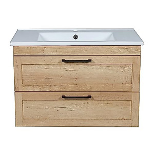 Modern Wall-Mounted Bathroom Vanity with Washbasin | Palm Beach Teak Natural Collection with Side Vanity Cabinet | Non-Toxic Fire-Resistant MDF-64 (12+40+12)-Omega Collection 32"