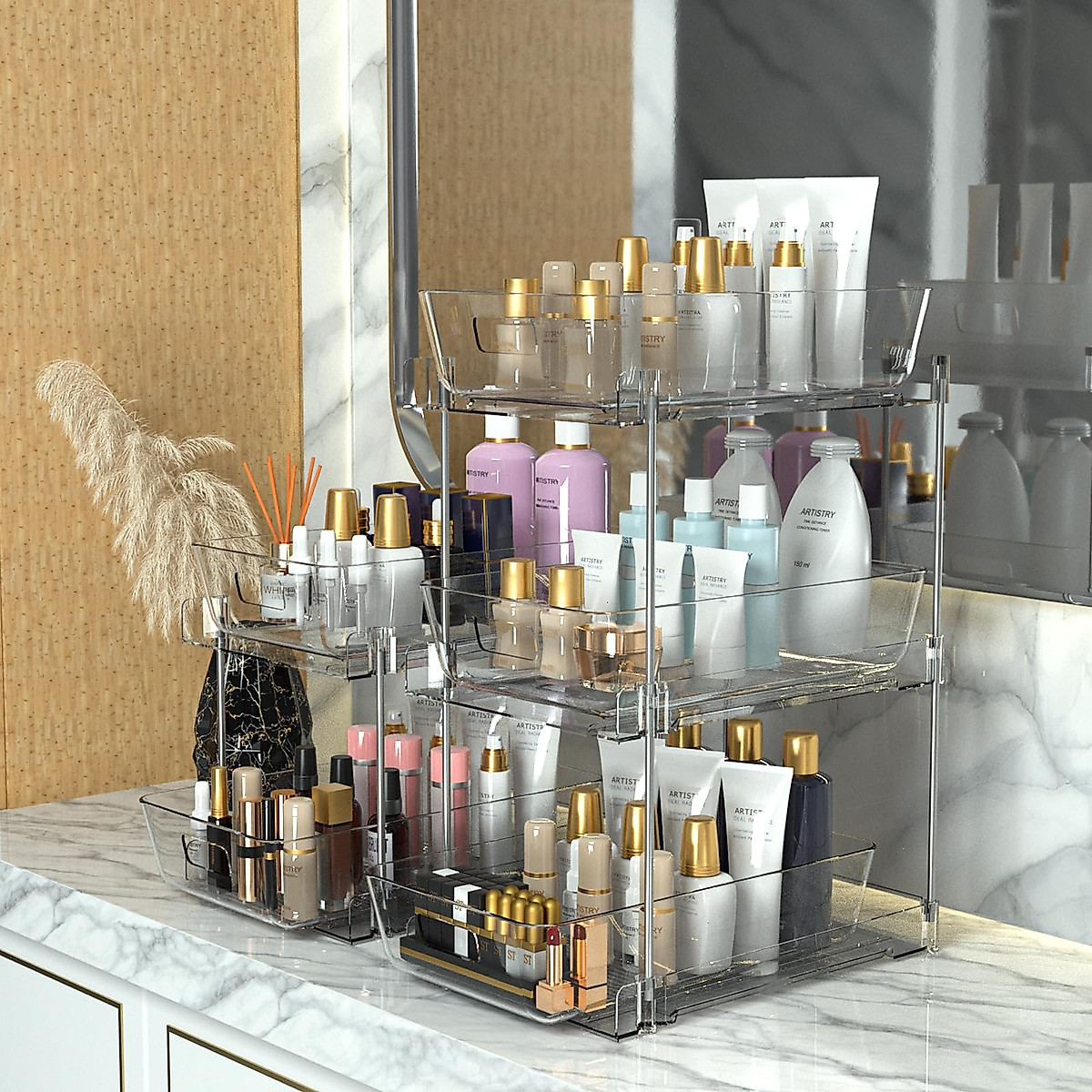 2 Tier Clear Bathroom Organizers 1Pack, Pull Out Organizers and Multi-Purpose Snack Storage, Kitchen Pantry Medicine Cabinet Slide Out Drawer Vanity Counter Organizing Tray, Under Sink Organizer