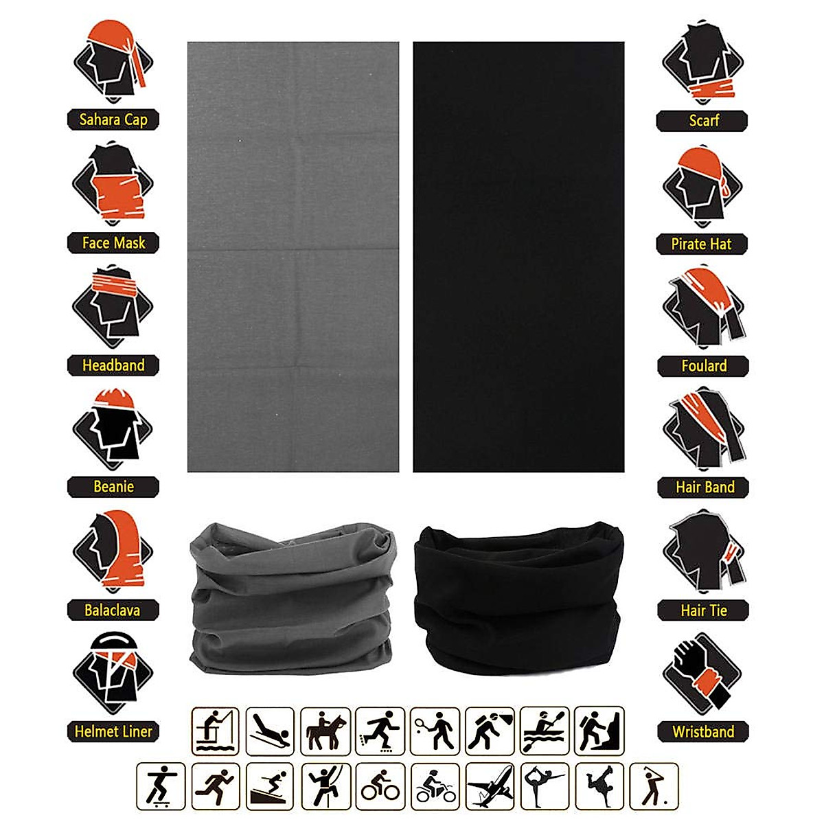 VANCROWN Neck Gaiter Headband Headwear Head Wrap Face Mask Magic Scarf Bandana for Men and Women (6PCS.Solid Color.2)