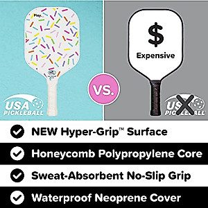 Play Paddles Indoor/Outdoor Pickleball Paddle - USA Pickleball Approved - Carbon Fiber and Polymer Honeycomb Composite Core - Hyper-Grip™ Surface and Graphite Face - Cushioned Grip Handle (Sprinkles)
