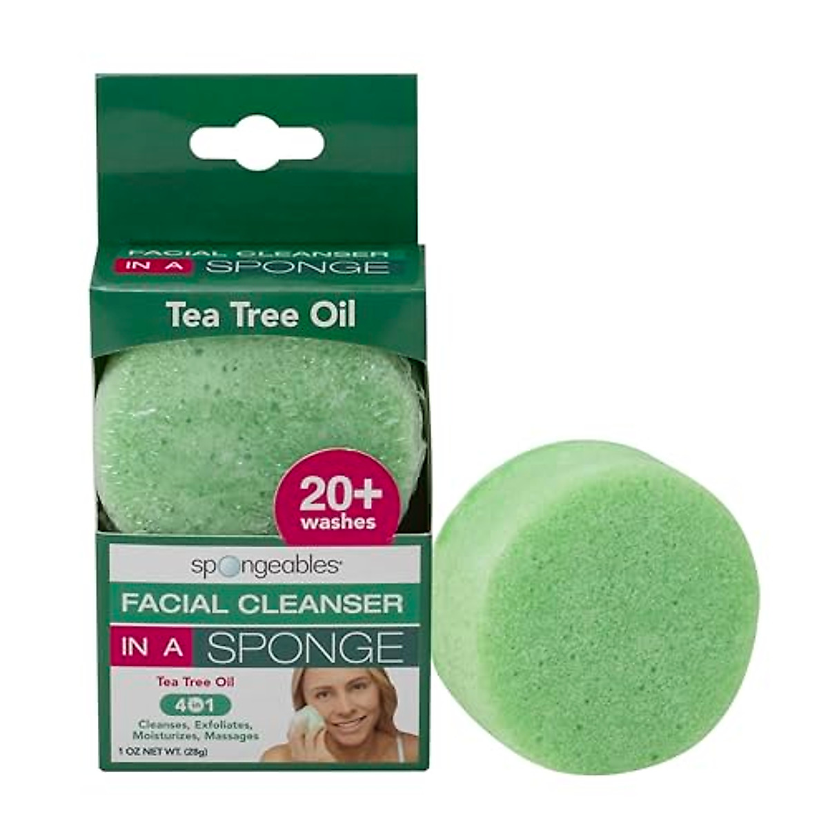 Spongeables Facial Cleanser in a 20+ Wash Sponge, Tea Tree and Shea Butter Moisturizer, 1 Count