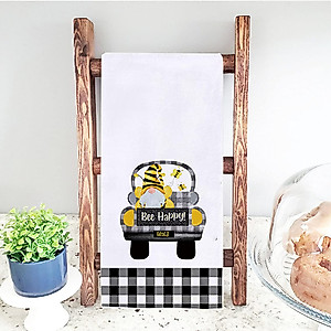 Set of 2 Buffalo Plaid Bee Gnome Kitchen Dish Towel 18 x 28 Inch, Seasonal Spring Summer Bee Happy Tea Towels Dish Cloth for Cooking Baking