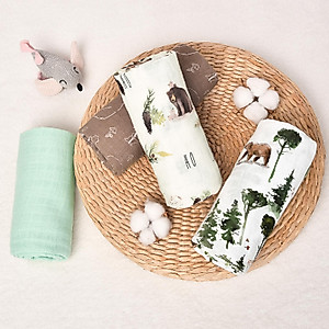 david's kids 4 Pack Baby Muslin Swaddle Blankets, 100% Cotton Swaddling Blankets Wrap for Boys Girls, Ultra Soft Breathable Receiving Blanket, New Born Essentials, Woodland Animals/Green