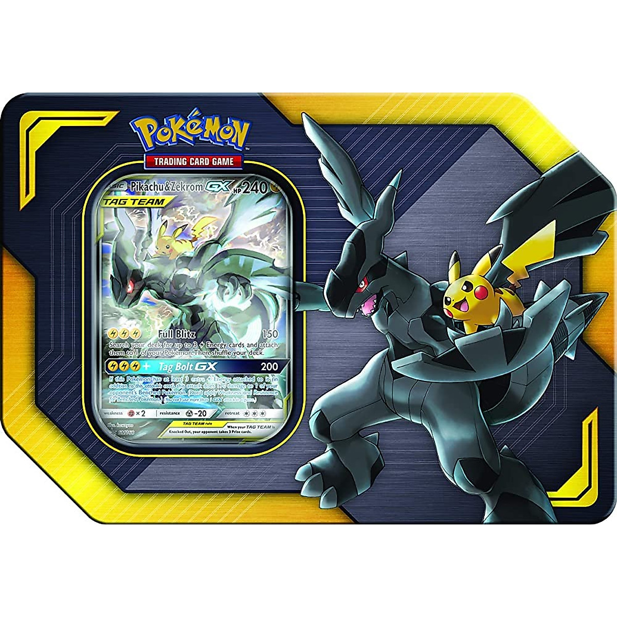 Pokemon Tag Team Tin Pikachu & Zekrom- TCG: Sun & Moon- Contains 4 Booster Packs & Featuring 1 Special Art Pikachu & Zekrom-GX Foil Card