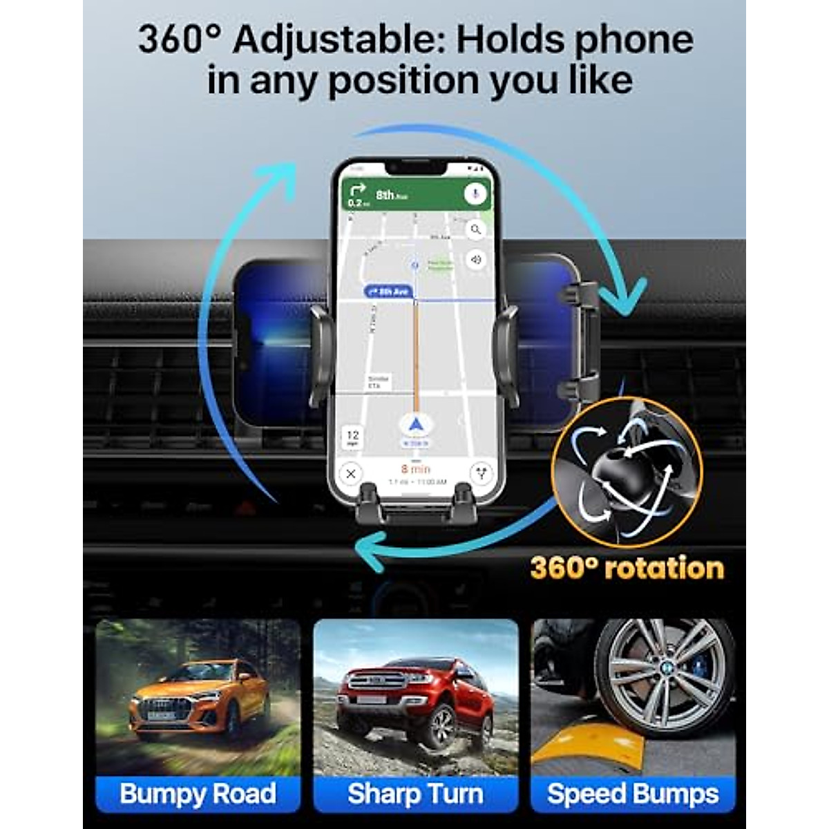 【Military-Grade】Car Phone Holder,【Strongest & Longest Steel-Hook】Car Vent Mount, Handsfree 360° Adjustable Automobile Cradle Air Clip Stand for iPhone 15 14 13 12 Pro Max Samsung Universal, Black