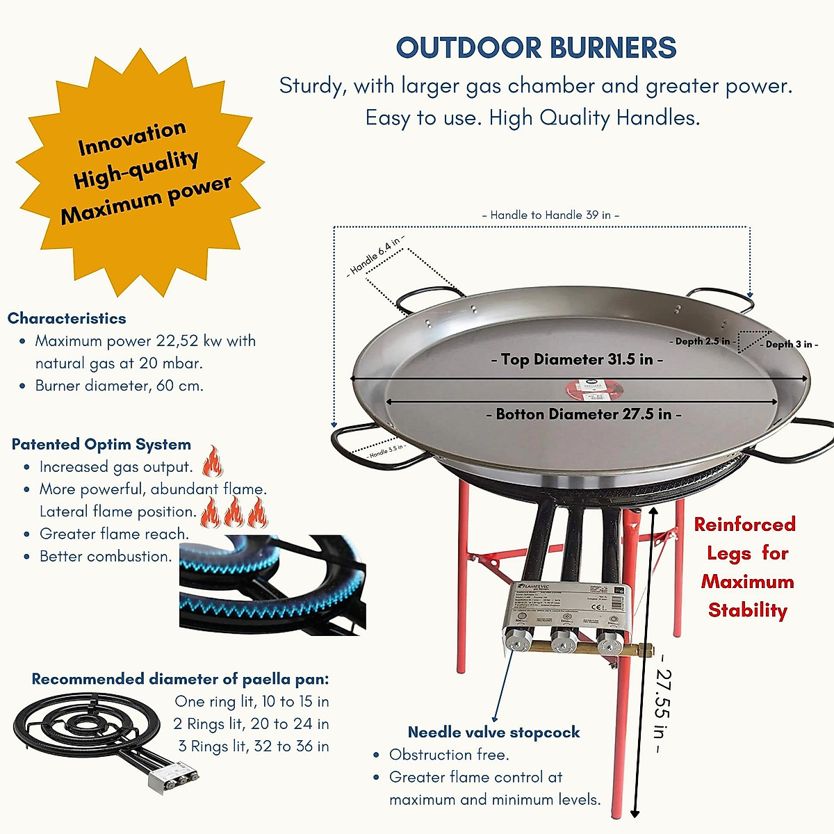 Spanish Paella Kit with Gas Burner & Polished Steel Pan - 32 inch (80 cm) up to 40 servings