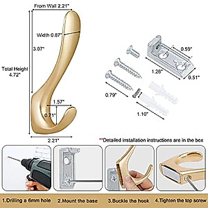Gold Coat Hooks Wall Mounted, 4 Pack Gold Wall Hooks for Hanging Coats Robe Hats Bags Purses, Towel Hooks for Bathrooms Decorative Wall Hook Heavy Duty Double Hooks for Clothing