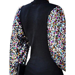 Anna-Kaci Women's Confetti Sequin Balloon Long Sleeve Mock Neck Pullover Sweatshirt (Black, Large)