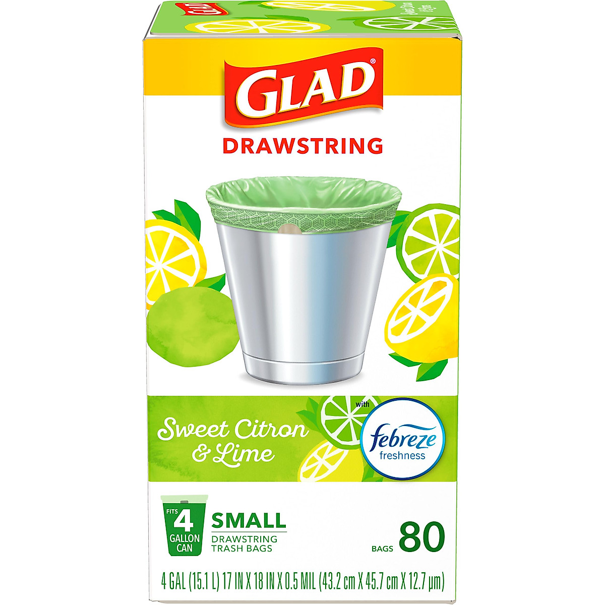 Glad Small Kitchen Drawstring Trash Bags – 4 Gallon Green Trash Bag Febreze , Sweet Citron & Lime, 80 Count (Package May Vary)