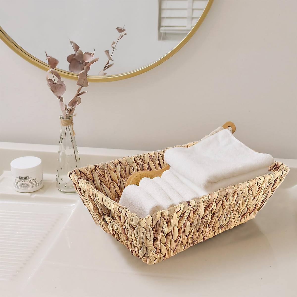 JLKIMZVO Water Hyacinth Baskets With Handles for Organizing Shelves Natural Wicker Baskets for Organization, Hand-Woven Storage Baskets