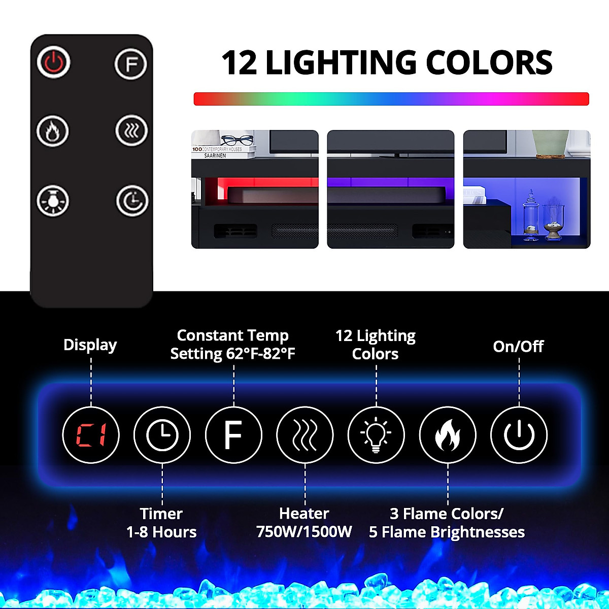 Cozy Castle Extra Long 73.2" Fireplace TV Stand up to 85" TV, High Gloss Entertainment Center with 30" Electric Fireplace, LED Lights and 2 Storage Cabinets, Modern Media Console with Charging Station