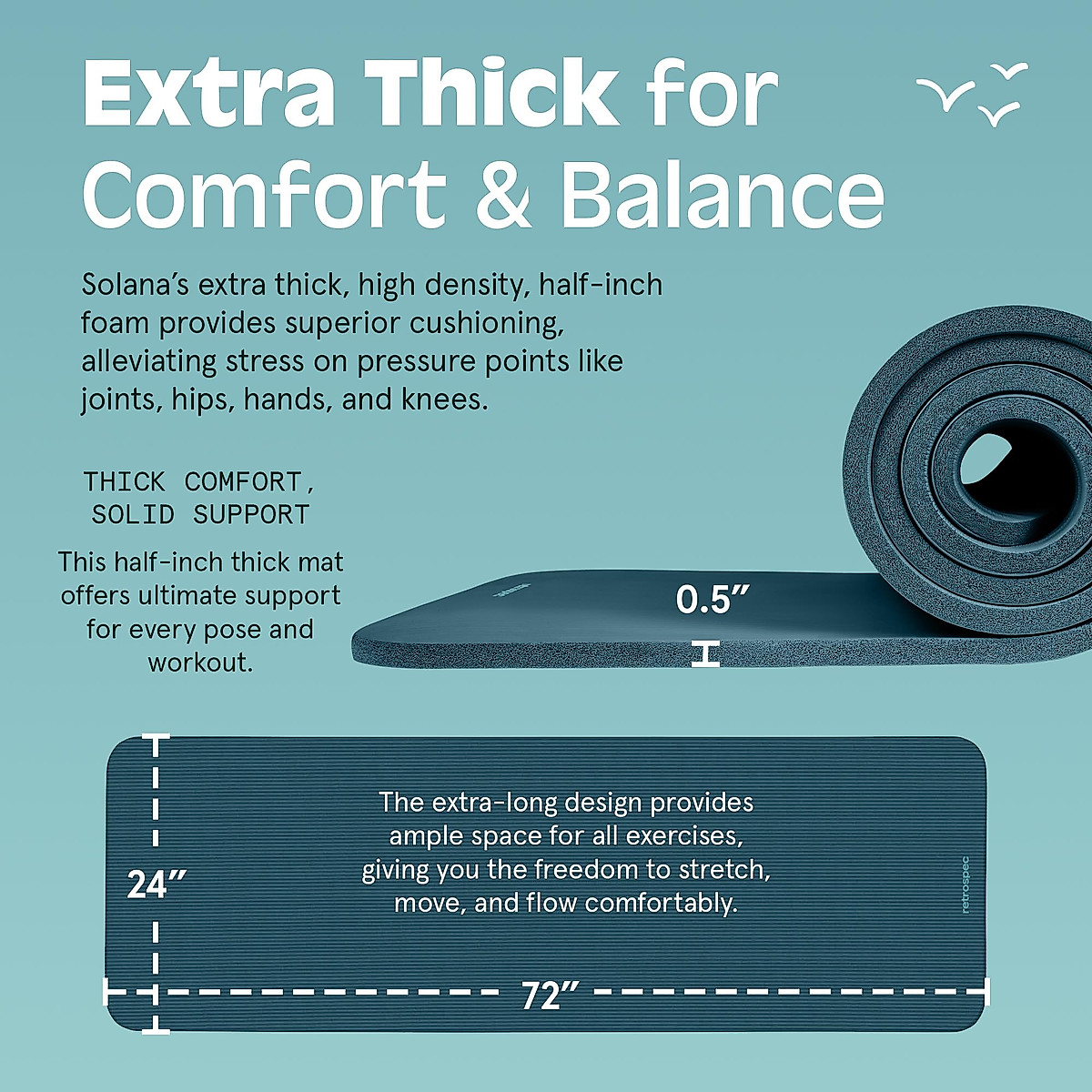 Retrospec Retrospec Solana Yoga Mat 1/2" Thick w/Nylon Strap for Men & Women - Non Slip Excercise Mat for Yoga, Pilates, Stretching, Floor & Fitness Workouts ,Ocean Blue