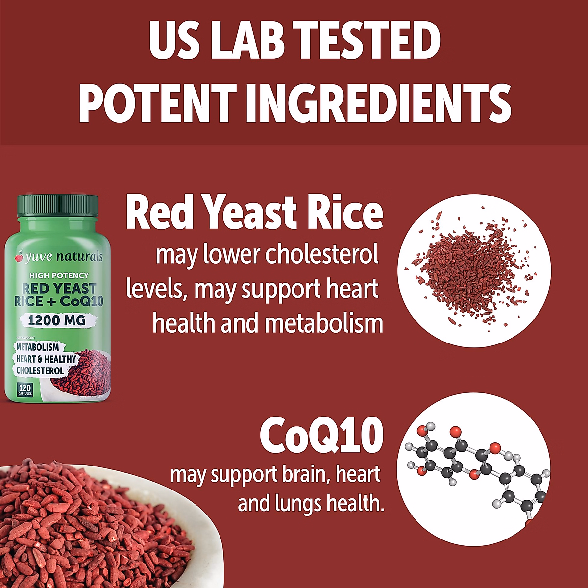 Red Yeast Rice 1200 mg Capsules with CoQ10 - Maintain Healthy Cholesterol Levels, Herbal Heart Health Vegan Red Yeast Rice Supplement - Red Rice Yeast with CoQ10 for Women & Men - 120 Ct (2-Pack)