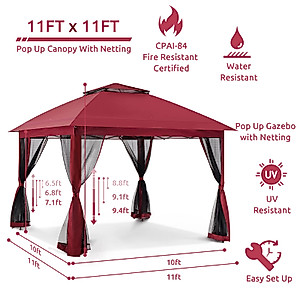 UDPATIO 11'x11' Pop up Gazebo Canopy Tent, Outdoor Patio Waterproof Gazebo with Mosquito Netting for Lawn, Garden, Backyard and Deck, Red