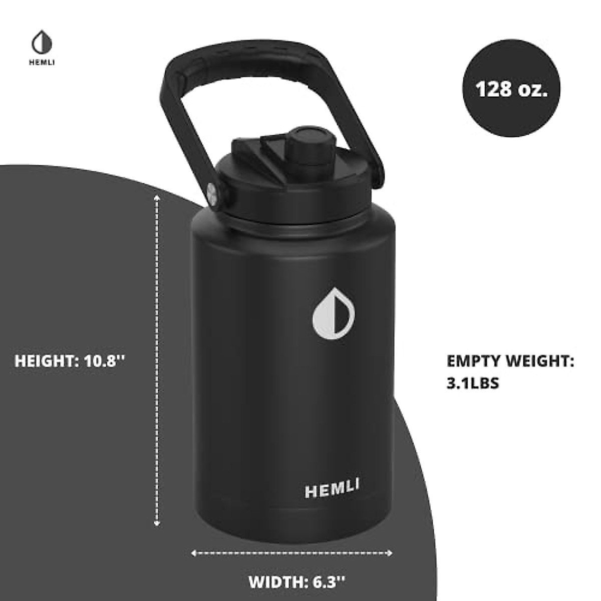 HEMLI One Gallon Water Bottle Insulated, 128 oz Insulated Stainless Steel Water Bottle, One Gallon Jug, Double-Walled Vacuum-Sealed Insulated Beer Growler, with Carrying Case