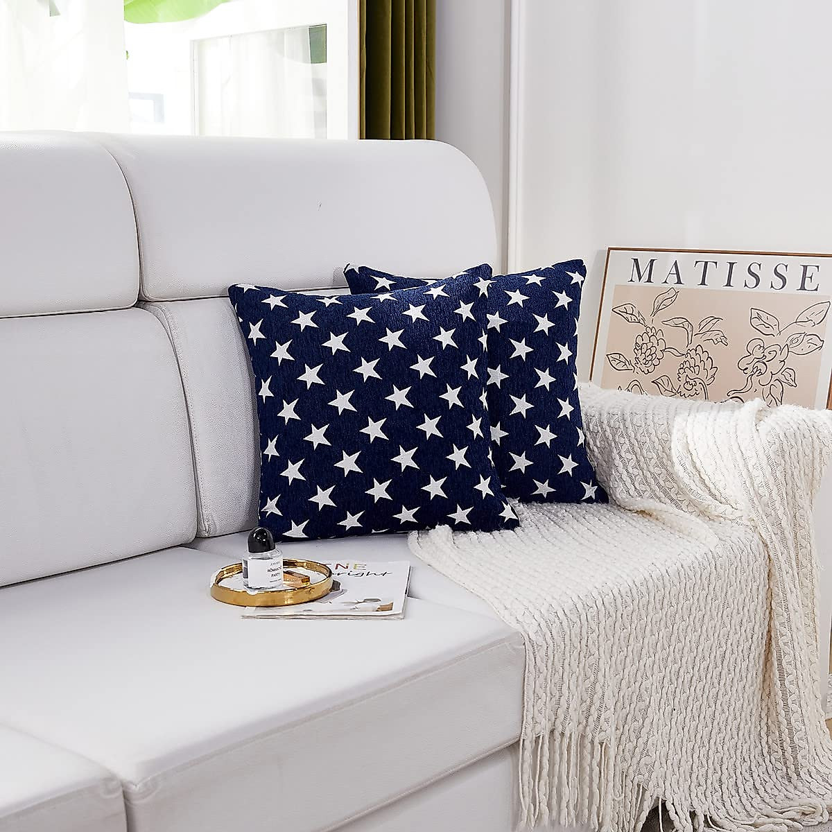 Sunday Praise Set of 2 Soft Chenille Decorative Patriotic Throw Pillow Cover Case Geometric Stars July 4th Accent Square Cushion Cover Case Sham for Couch Sofa Bed Car 18 x 18 Inch 45x45 cm (Blue)