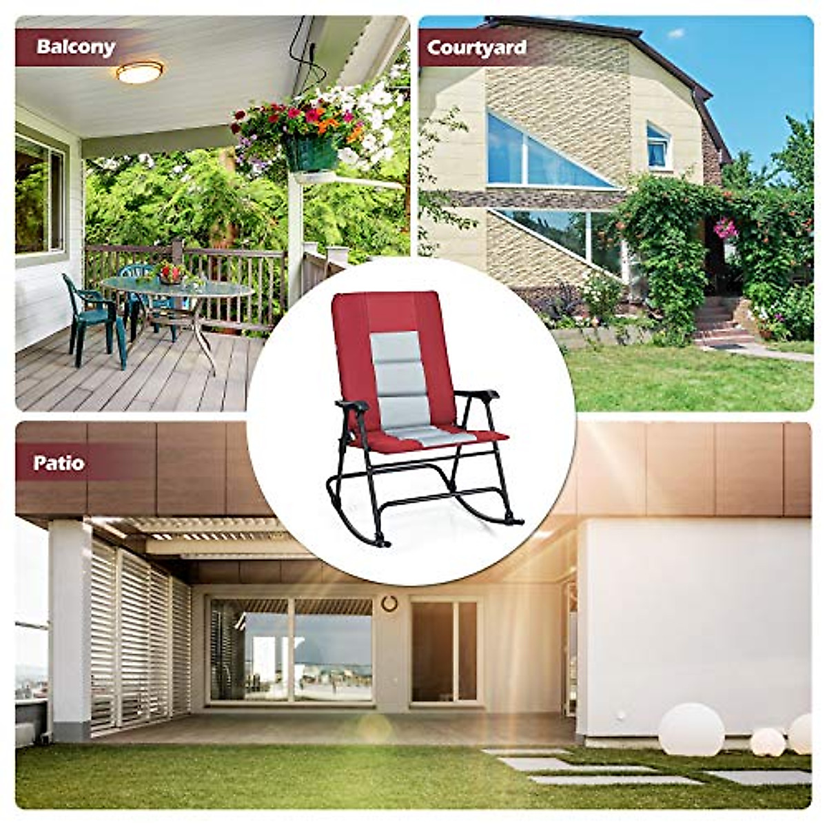 Giantex Camping Rocking Chair Foldable Oversized with Padded Armrest and Seat Folding Lawn Chair 350 lbs Weight Capacity for Outdoor, Patio, Lawn, Backyard, Garden Portable Chair (1, Red)