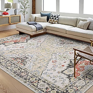 GarveeHome 9x12 Washable Rug Boho Rugs for Living Room Indoor Soft Large Area Rug Low Pile Non-Shedding Accent Rug Non Slip Vintage Rug Traditional Foldable Throw Carpet for Bedroom Home Office Beige