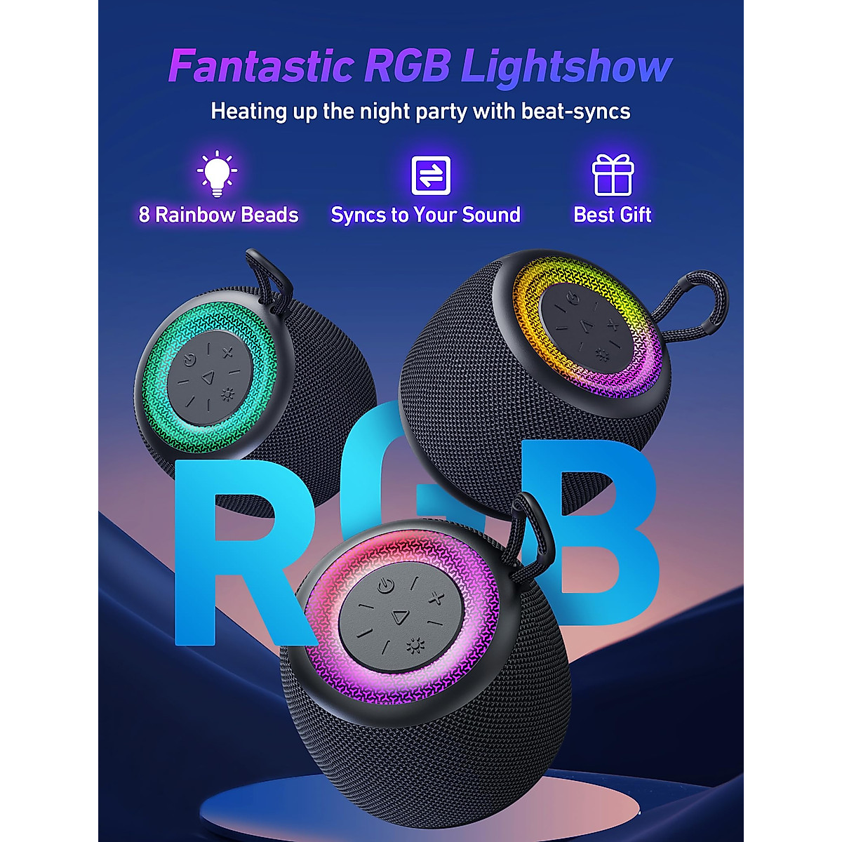 LENRUE F62 Portable Bluetooth Speaker with Bluetooth 5.3, RGB Lights, Stereo Sound & bass, Compact Size, IPX5 Waterproof, Lightweight Travel Speaker for Car Bicycle Bag and More Outdoor