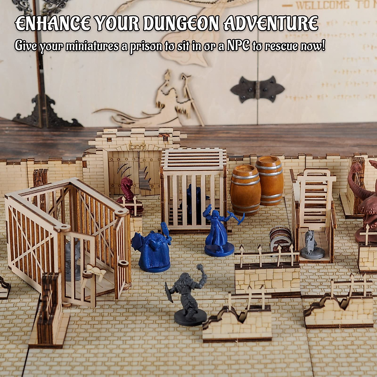 DND Dungeon Prison Cage Miniatures Set of 3 Wood Dice Jails 28mm Fantasy Terrain for Dungeons & Dragons, Warhammer, Pathfinder and Tabletop RPG