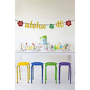 Aloha 40 Banner, Tropic Hawaiian 40th Birthday Decorations, Aloha Party Decoration, Luau Party Supplies, Tropical Theme Summer Beach Pool Party Decorations, Luau 40th Birthday Party Supply Gold Green Red Glitter
