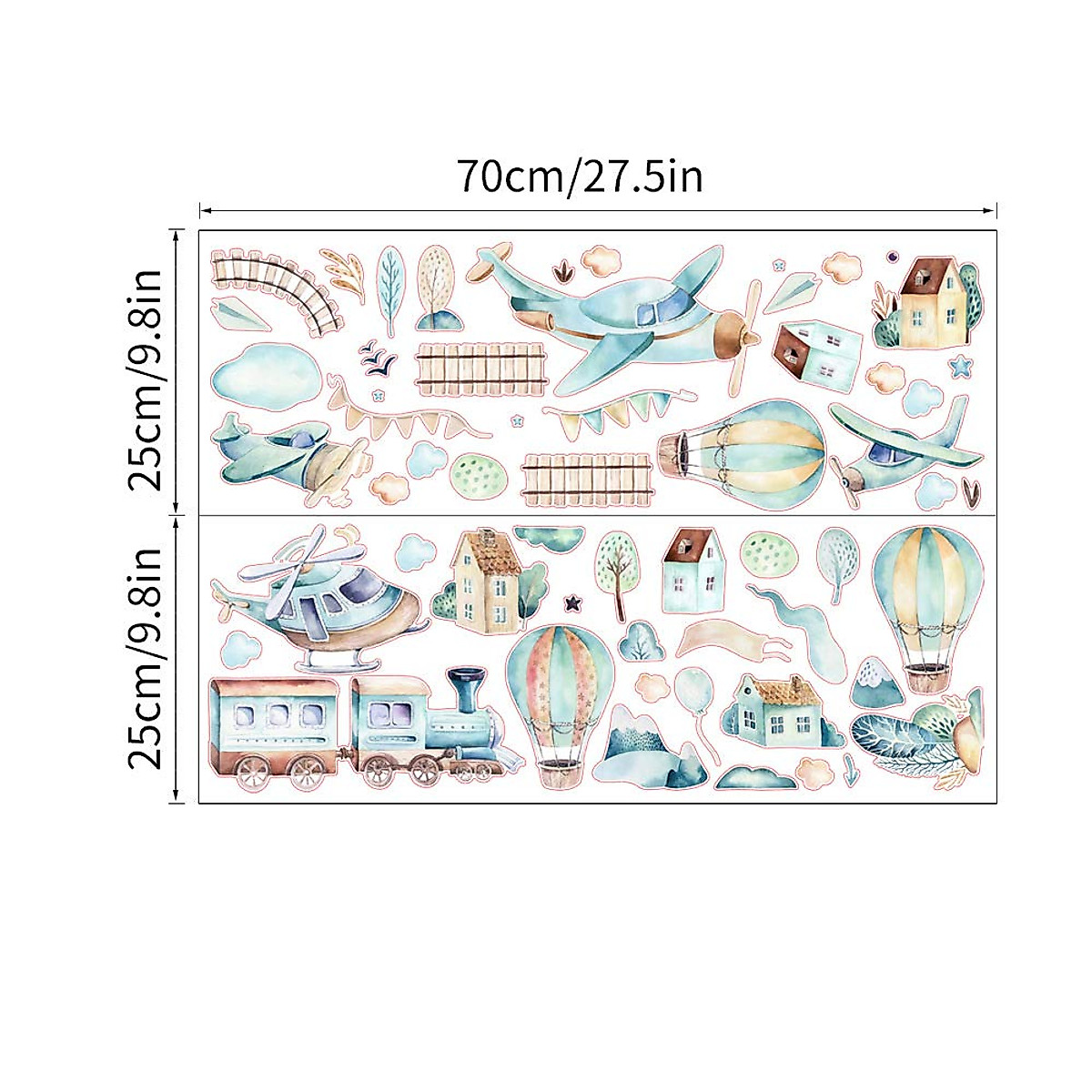 RW-KSY2 Green Airplane Hot Air Balloons Wall Decals House Tree Train Road Wall Stickers DIY Removable Countryside View Mountain Stars Cloud Decor for Kids Teens Bedroom Living Room Nursery Decoration