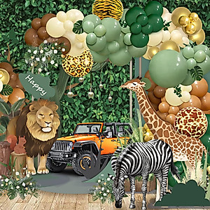 iLaFm 142pcs Safari Jungle Wild One Balloon Garland Arch Kit Sage Green and Brown Balloons with Animal Print Balloons Palm Leaves for Woodland Tropical Birthday Party Supplies Baby Shower Decorations