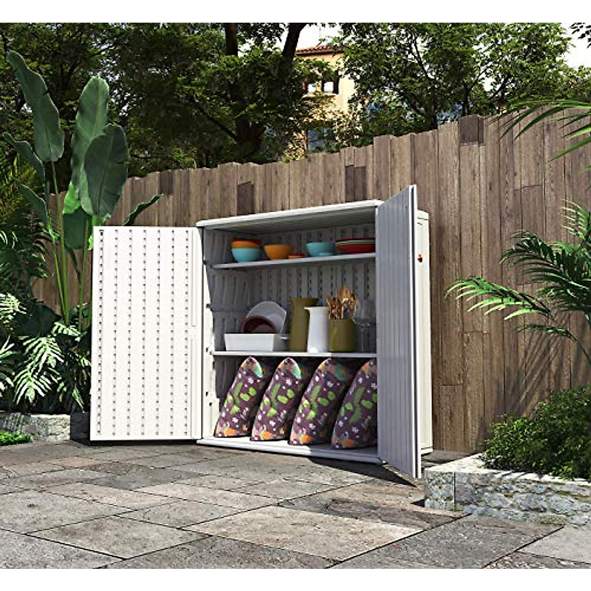 HOMSPARK Medium Resin Storage Cabinet Waterproof, 60-Gallon Indoor & Outdoor Deck Box for Garden Tools, kitchen Accessories, with 2 Laminate Shelves, (34 in. L x 15 in. W x 36 in. H, Light Beige)