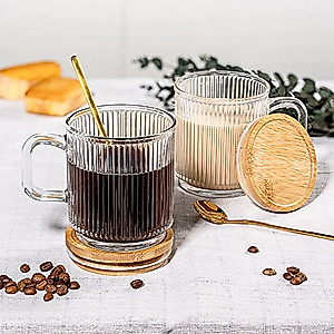 Combler Glass Coffee Mugs, Espresso Cups for Coffee Bar Accessories, Clear Coffee Mug Set of 2, 11oz Glass Coffee Cups with Lids and Spoon, Cute Ribbed Glassware Set for Latte, Cappuccino, Tea, Gift