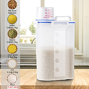 2 Pcs 5 lb Rice Dispenser Flour Storage Container, Airtight Dry Food Storage Bin with Pouring Spout & Measuring Cup, Kitchen Pantry Plastic Clear Jars for Oatmeal, Grain, Cereal, Pasta, Dog Pet Food