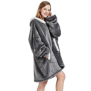 FAYBOX Wearable Blanket Hoodie with Zip for Women Men, Fuzzy Warm Sherpa Comfy Oversized Hoodie Blanket Plush Sweatshirt with Giant Pocket One Size Fits All-Dark Grey