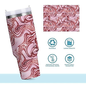 RPLIFE Elegant Abstract Marble Rose Pink Tumbler with Handle, Stainless Water Bottle, Coffee Mug with Lid