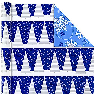 Hallmark Holiday Reversible Wrapping Paper Bundle, Blue and Silver (Pack of 2, 60 sq. ft. ttl) Snowmen, Snowflakes, Christmas Trees