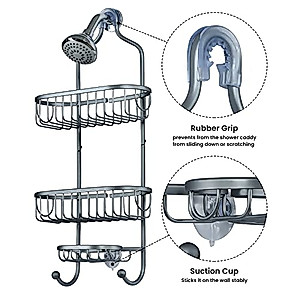 GOODBUY Shower Caddy Over Shower Head, Aluminum Shower Organizer Hanging, Rustproof Shower Rack Shower Shelf Shower Holder for Shampoo and Soap with 2 Wash Cloth Hooks, Gray, 11.8" x 4.7" x 25"