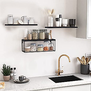 Szkiuqe 2-in-1 Floating Shelves, Bathroom Shelves with Storage Basket, Wall Mounted Rustic Wood Shelves, Farmhouse Wall Decor for Bedroom, Kitchen, Living Room and Plants - Black