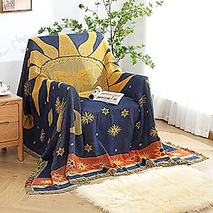 amorus Throw Blanket for Sofa Bed Chair with Decorative Tassels, Reversible Tapestry Couch Cover 50" X 70" - Sun Moon Stars