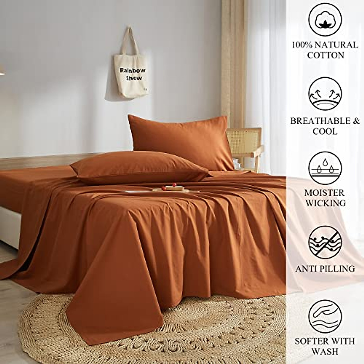 LifeTB Pumpkin Caramel Sheets Set Twin Size Bedding Sheets 100% Washed Microfiber Bed Sheets Deep Pocket 3 Pieces Sheets Breathable Cooling Bed Sheets - Easy Fit Rust Color Bedding Sheets