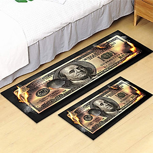DVKKHD Money Kitchen Rugs Washable Burning 100 Dollar Bill Bathroom Rug Set 2 Piece Modern Kitchen Mats for Floor Non Skid Entryway Rug for Bedroom Home Decor Carpet Runner 17.7”x29.5”+17.7”x59”